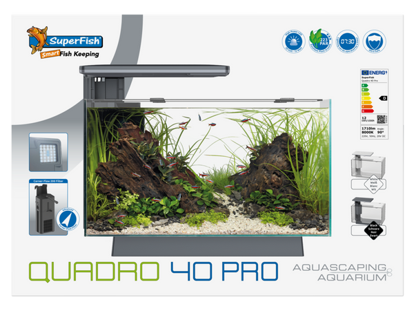 Superfish Quadro 40 Pro Complete Aquarium Kit Fish Tank Set White LED ...