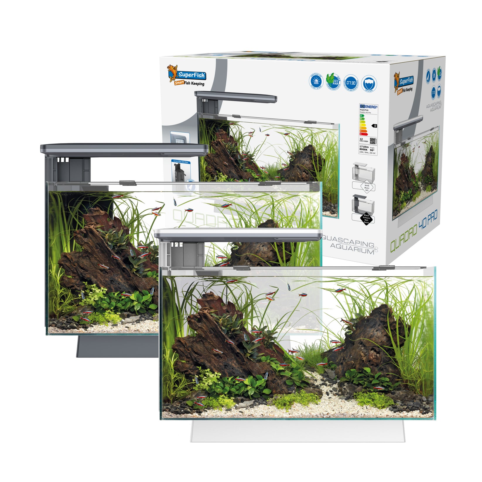 Superfish Quadro 40 Pro Complete Aquarium Kit Fish Tank Set White LED ...